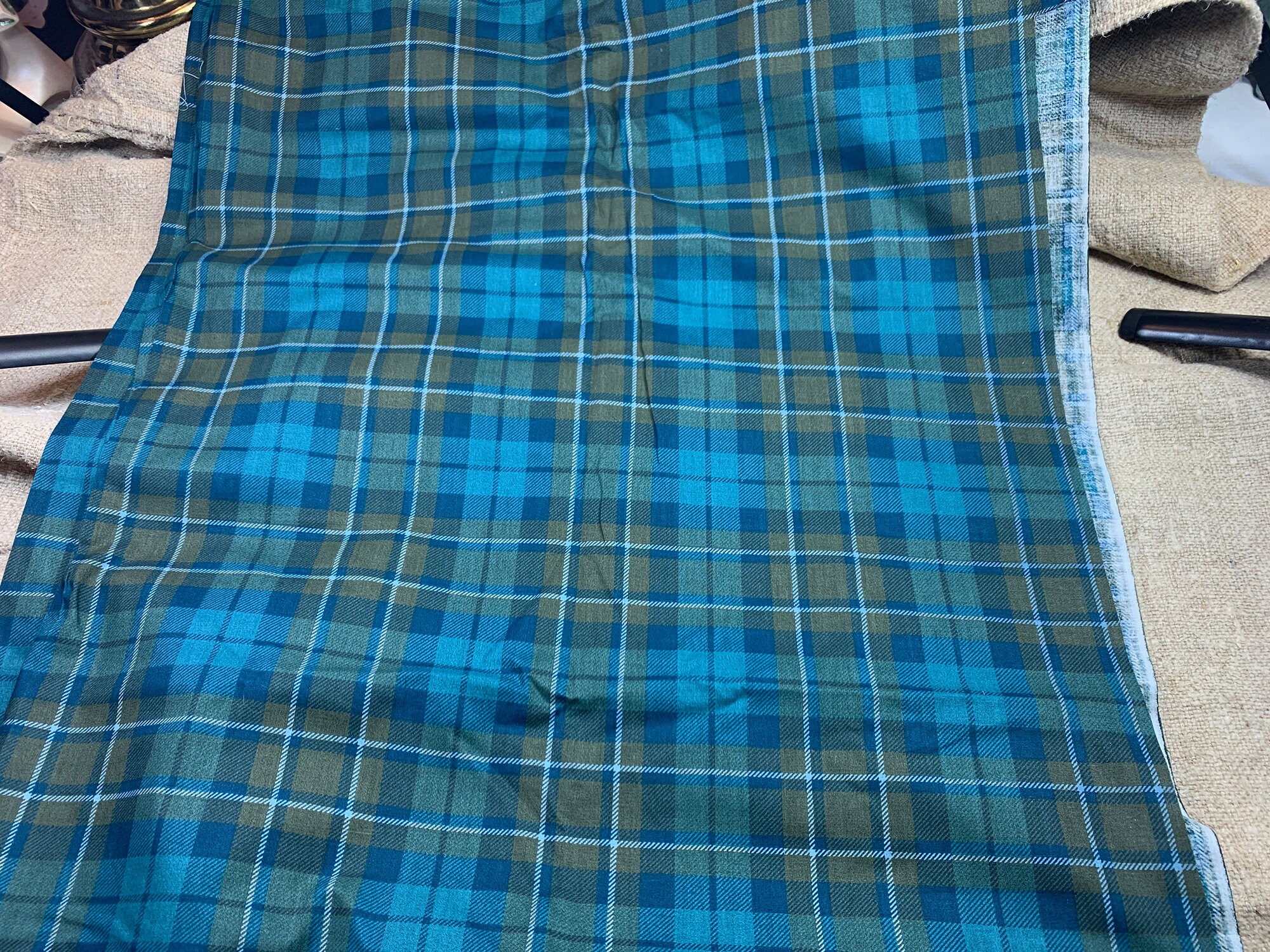 Teal Blue & Olive Green Plaid Cotton Fabric // 75x45 - Etsy