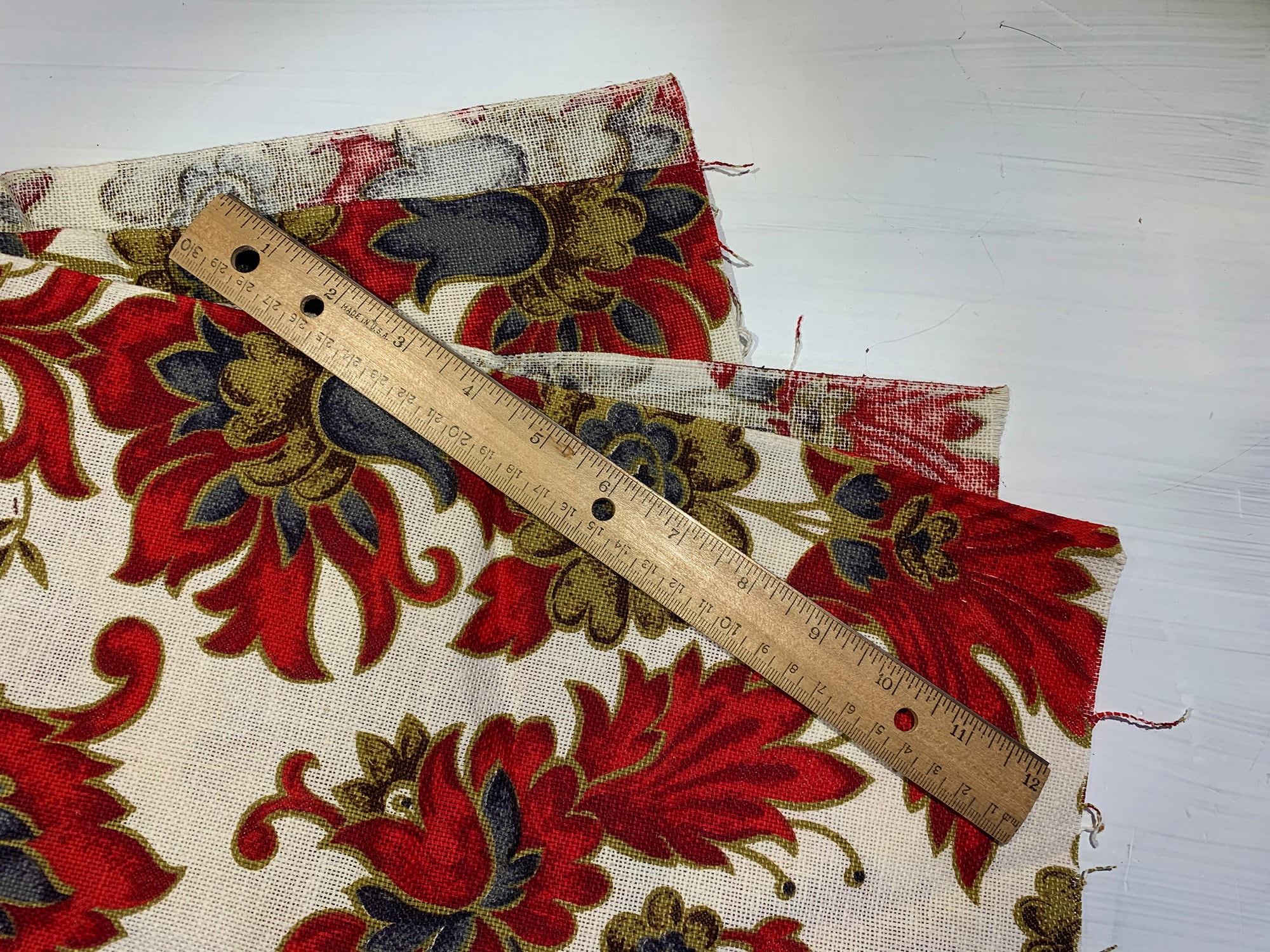 Vintage Jacobean Floral Upholstery Fabric Scraps // 3 Pcs > Red, Grey ...