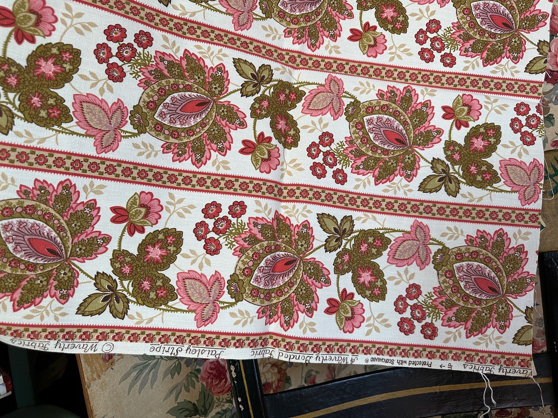 Vintage Waverly 'paisley Stripe' Jacobean Floral Fabric Remnant ...