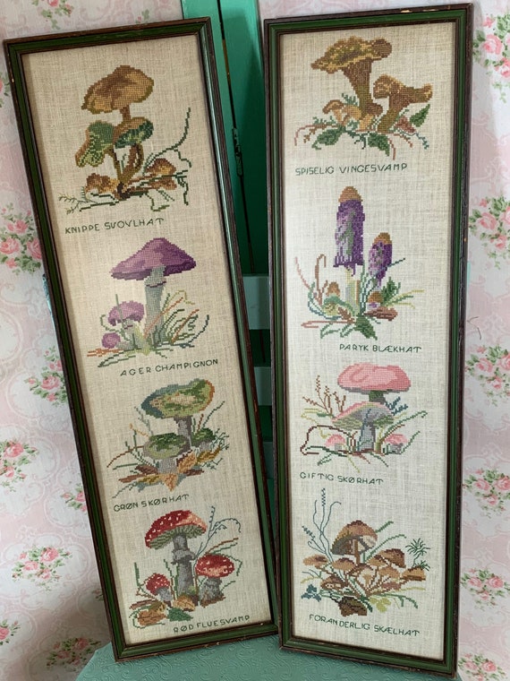 Pair Vintage Danish Mushrooms Panels Framed // 6.75x23 - Etsy