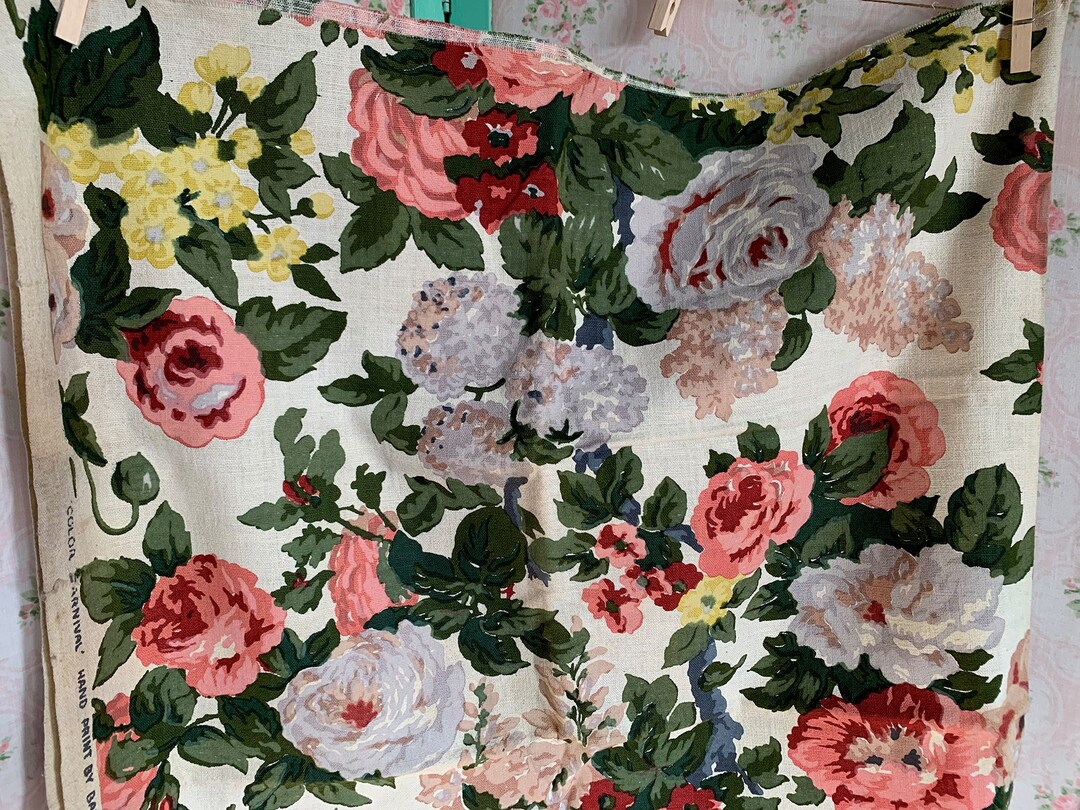 Vintage Cabbage Roses Linen Fabric // 33x51" > 'COLOR CARNIVAL' Hand ...