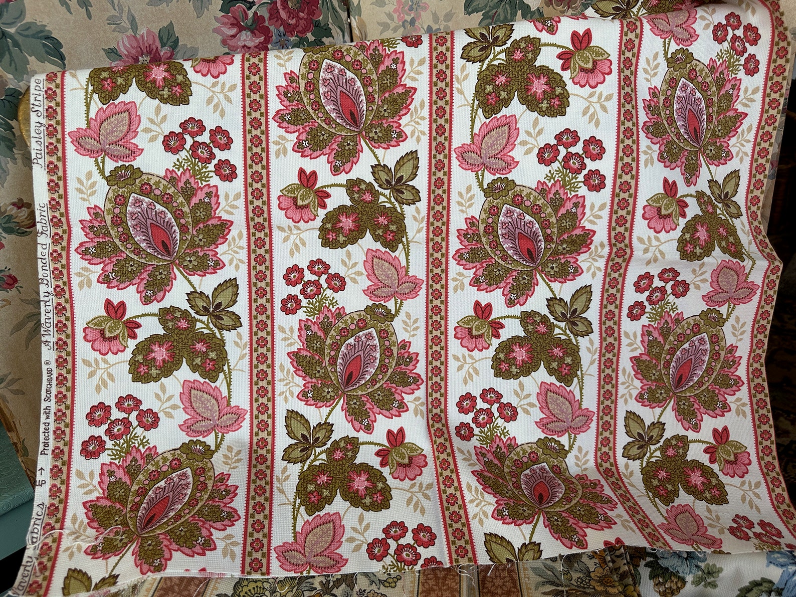 Vintage Waverly 'paisley Stripe' Jacobean Floral Fabric Remnant ...