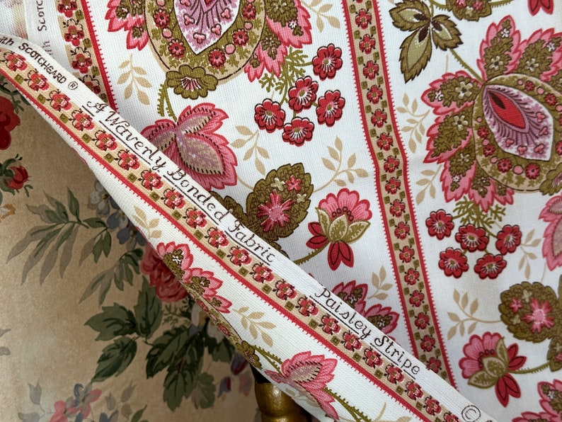 Vintage Waverly 'paisley Stripe' Jacobean Floral Fabric Remnant ...