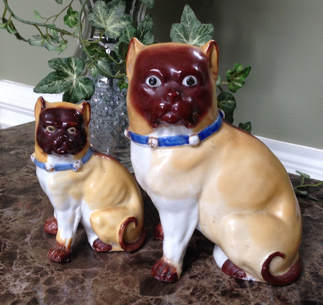 Pr Antique Pug Dog Figurines, Late 1800s, Cat Faced // European Bisque ...