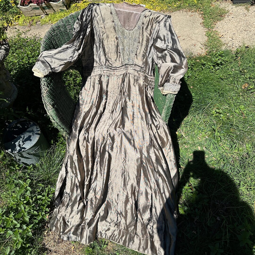 Antique Vintage Shattered Silk Dress // XL Size 42 Bust 40 Waist Early ...