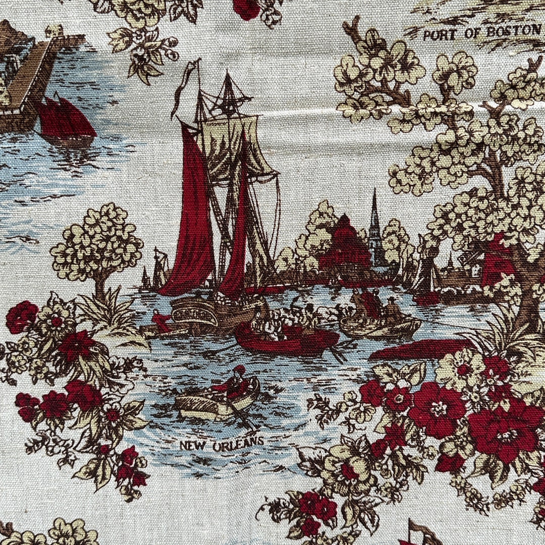 Vintage Waverly "colonial Harbors" Linen Fabric // 36x55" BTY (3 Avail ...