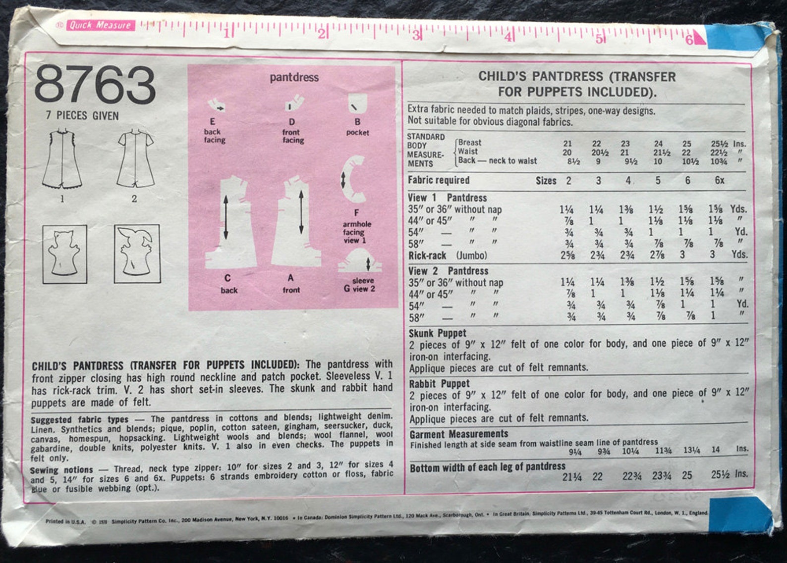 Vintage Early 1970s Child's Pantdress Pattern With Puppet Transfers ...