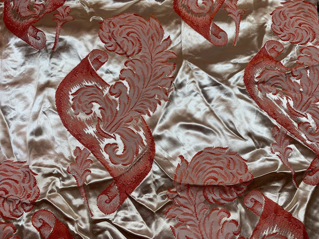Vintage 1930s-1940s Coral Damask Fabric Panel // 51x22" > Silk or Rayon ...