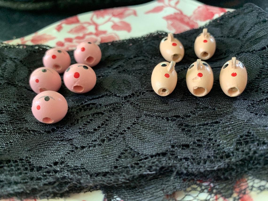 Vintage Hand Painted Wooden Face Beads lot of 5 pink | Etsy