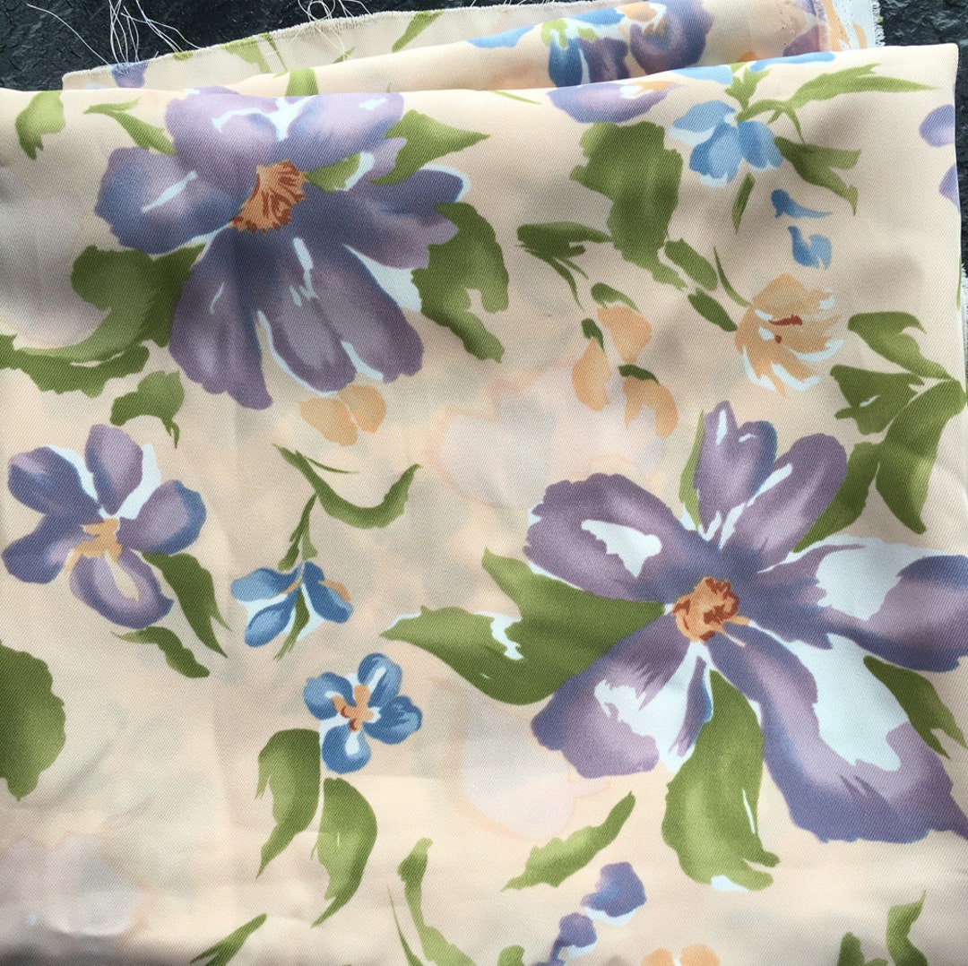 Vintage Silky Polyester Floral Fabric // 76x45" > Cream With Lavender ...