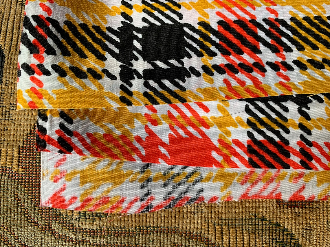 Vintage Bright Orange, Black, Yellow Plaid Print Fabric // 108x44 ...