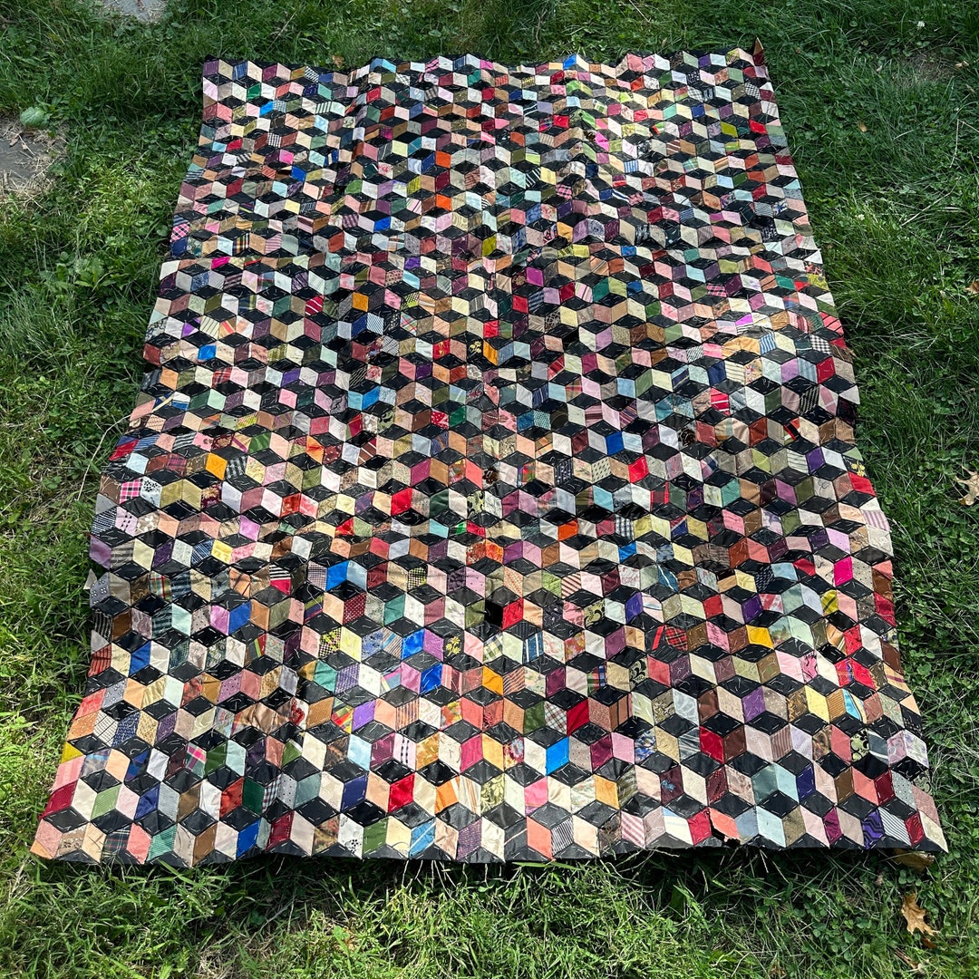 Antique Silk Tumbling Blocks Quilt Top // 48x65 English Paper Pieced ...