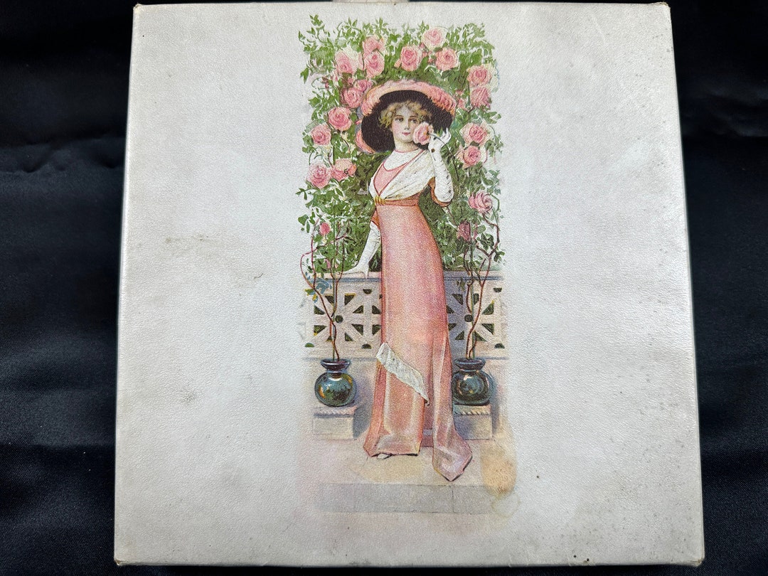 Edwardian Illustrated Lady Handkerchief Box // 7x7" > Victorian ...
