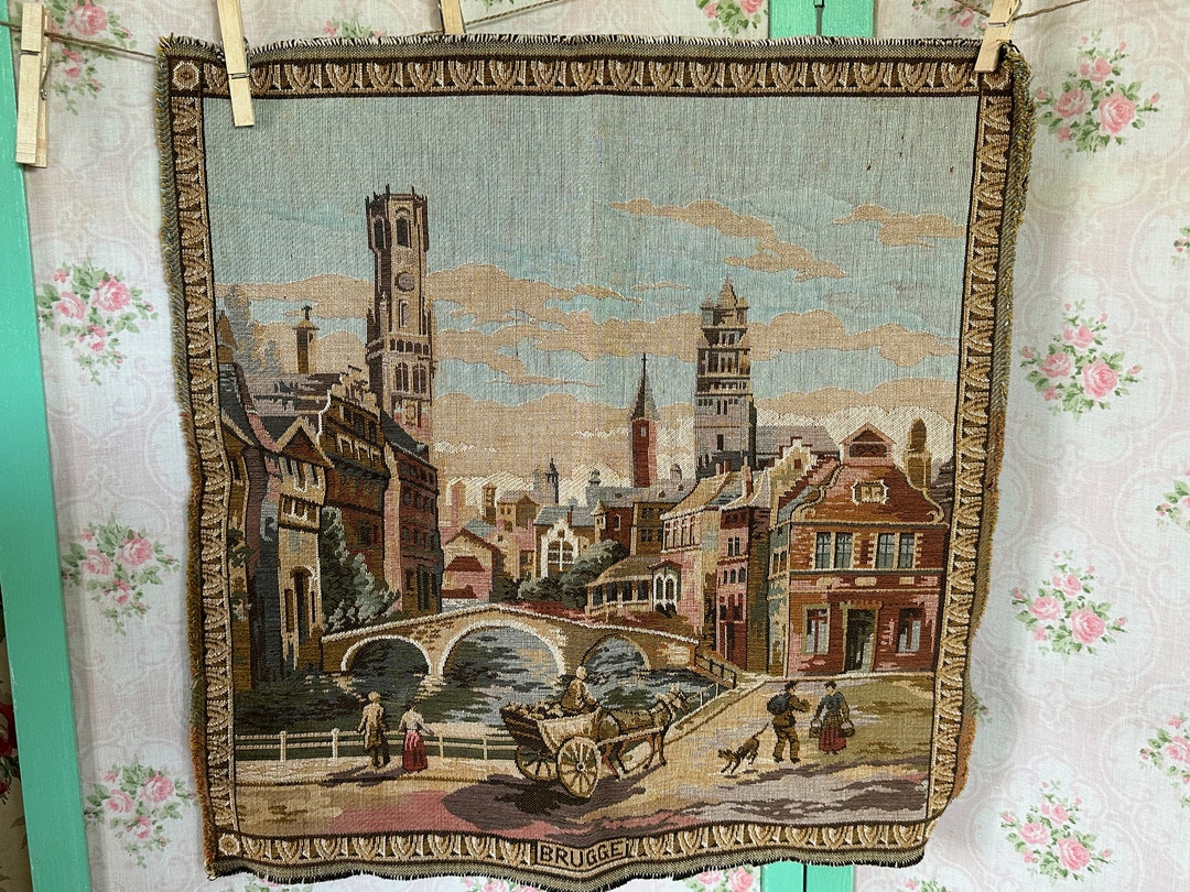 Vintage Tapestry Wall Hanging- Brugge River Scene // 19.5x19.5 ...