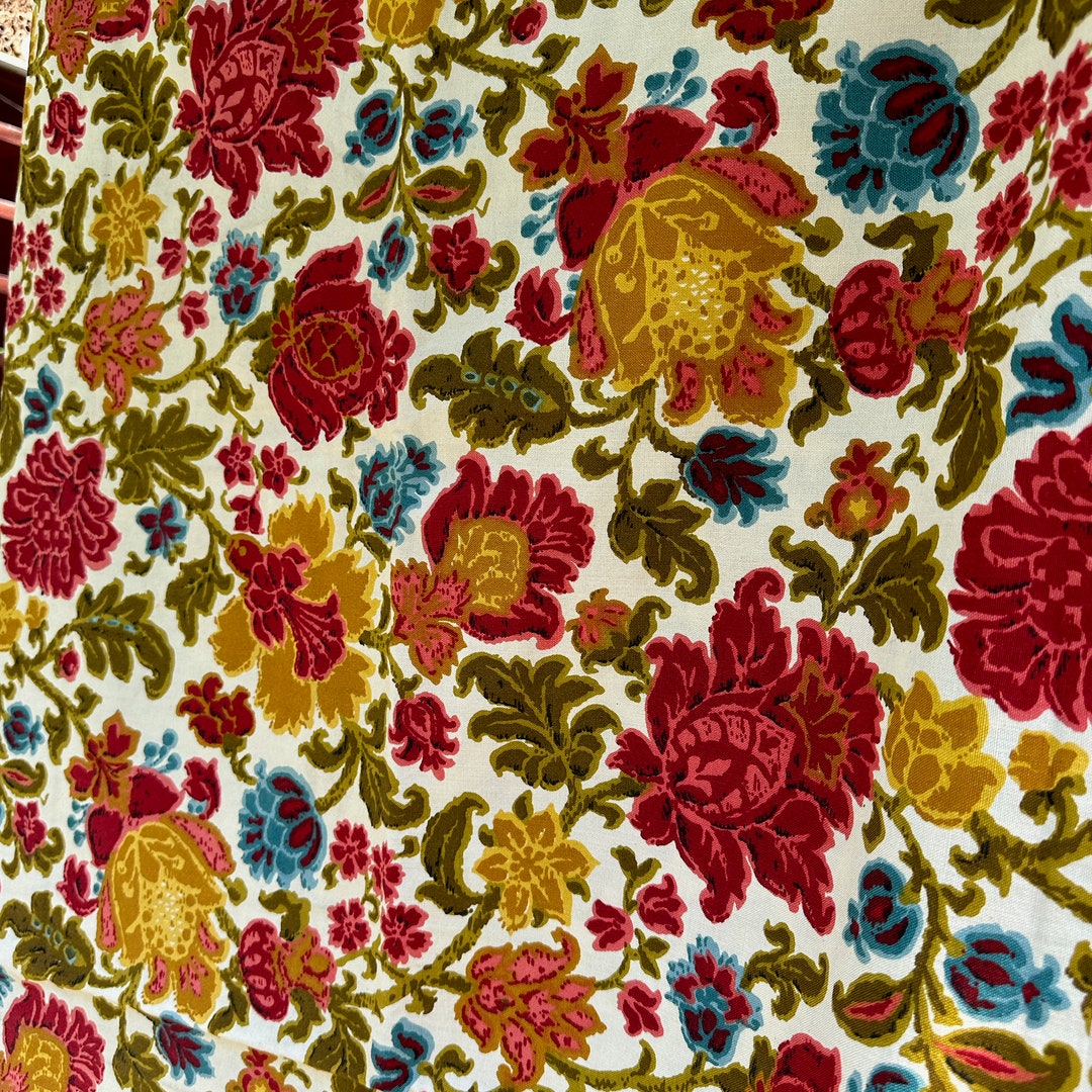 Vintage Mid-century Jacobean Floral Print Fabric // Pair 24x50 ...