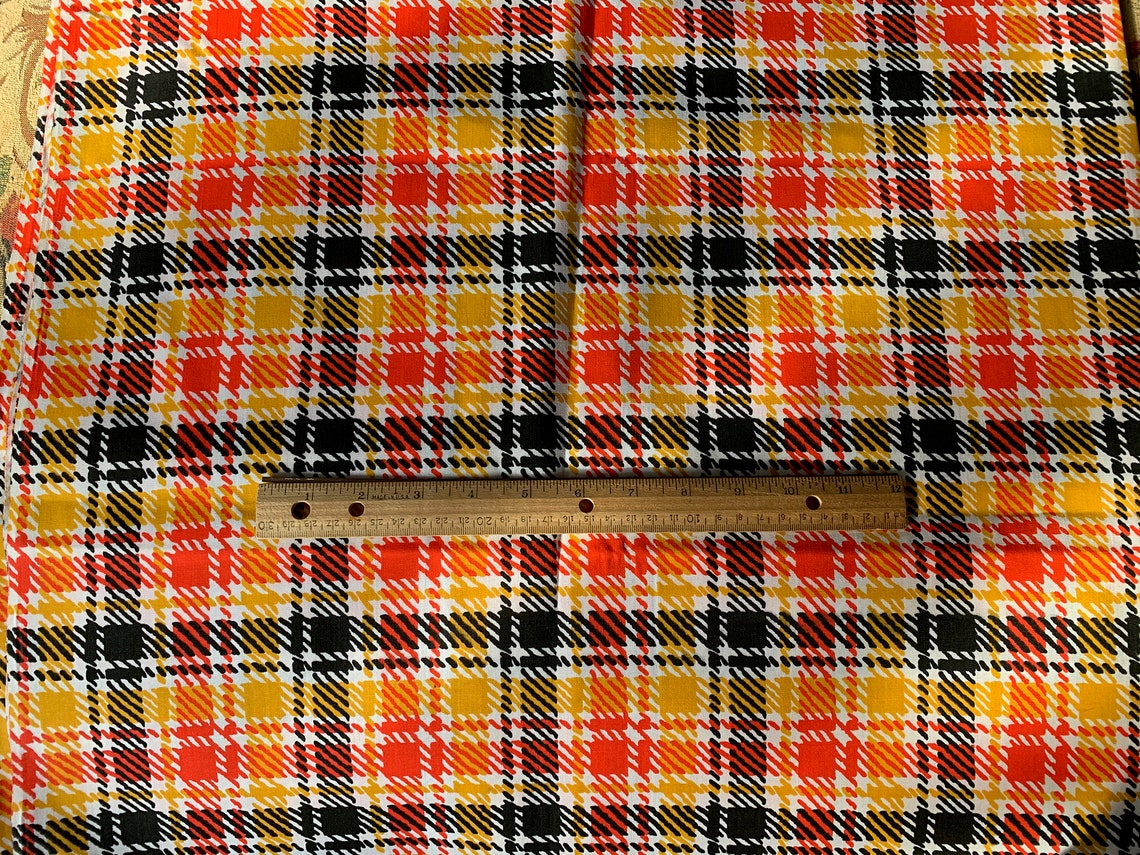 Vintage Bright Orange, Black, Yellow Plaid Print Fabric // 108x44 ...