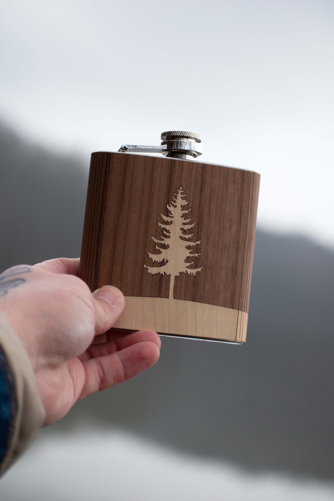 Handmade Wooden Pine Tree Flask: Personalized Engraved Maple & Walnut ...