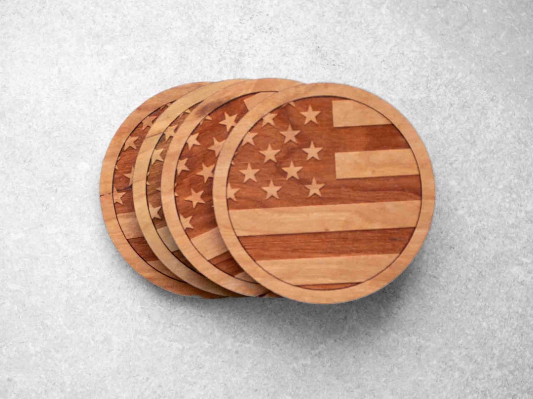 Engraved American Flag Wood Coasters: Cherry Hardwood Set - Etsy