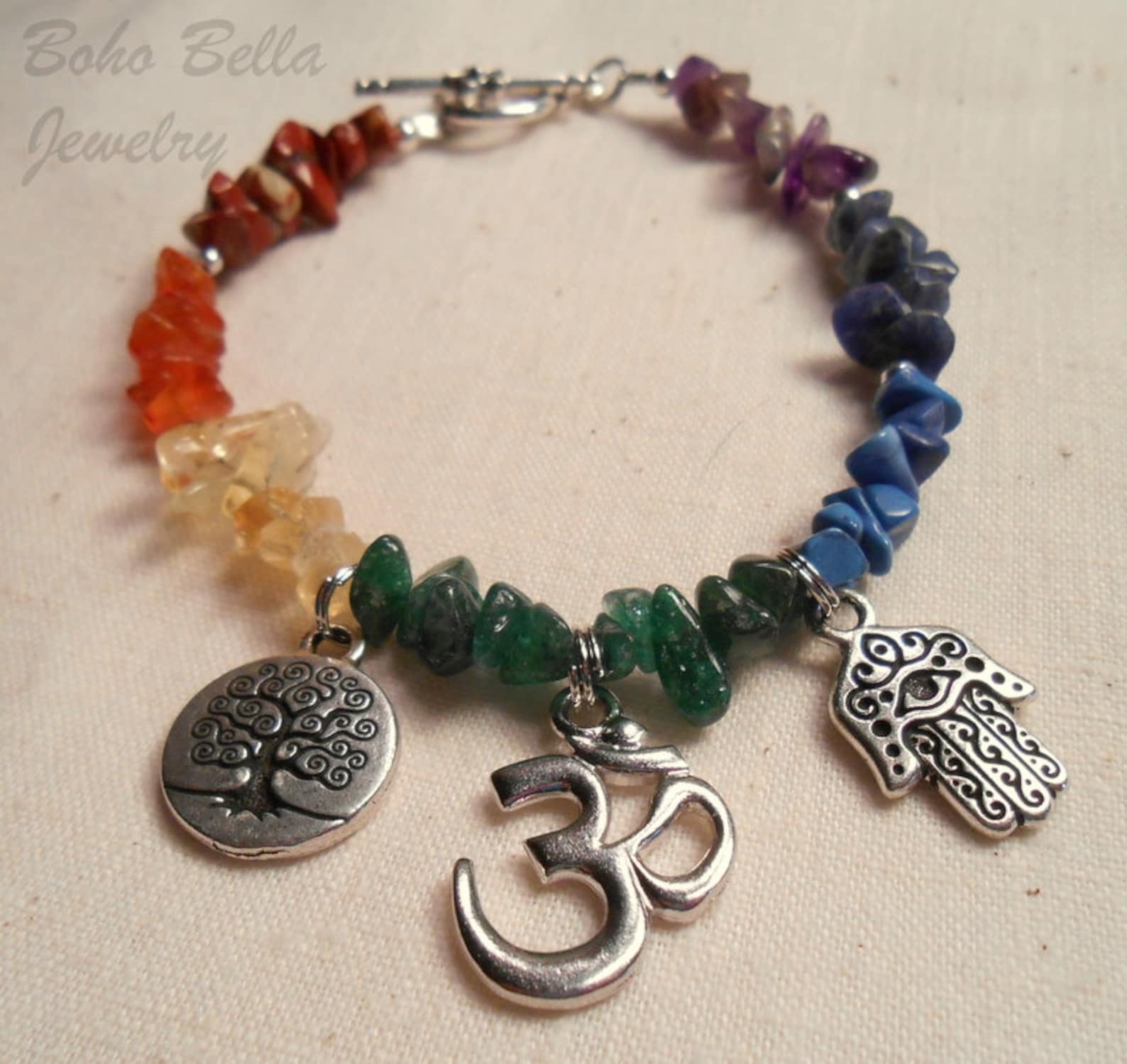Chakra Bracelet - Yoga Bracelet, Natural Stone With Silver Om, Tree of ...