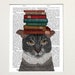 Grey Cat Books on Head - Cat Print Cat Art Gift for Bookworm Gift Book ...