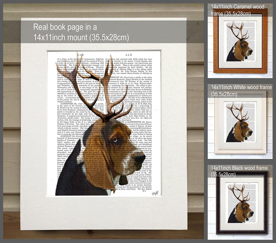 Basset Hound Print - Dog and Antlers Basset Hound Art Print Wall Art ...