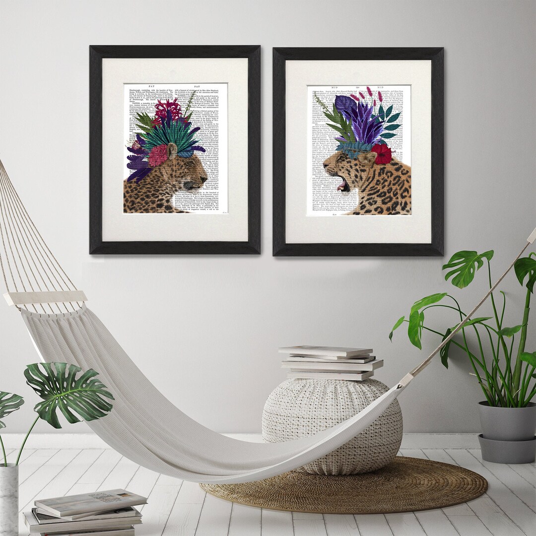 Juego de 2 grabados, Hothouse Leopards, Dictionary print, Safari animal ...