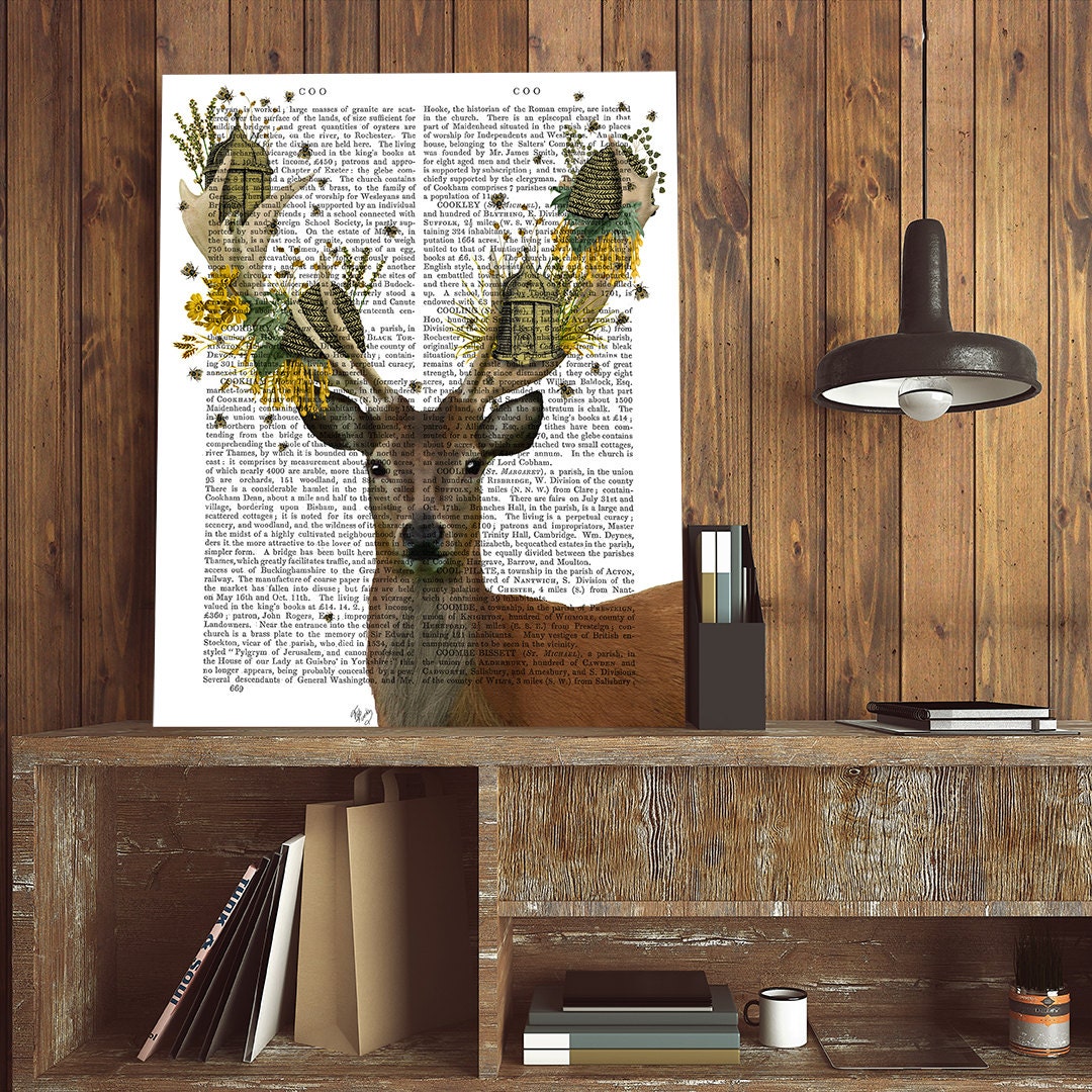 Bumble Bee Print - Deer and Beehives - Yellow Wall Art Summer Art Print ...