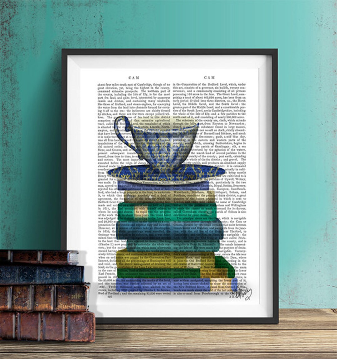 Teacup & Books - Teacup Print Kitchen Poster Country Kitchen Art ...