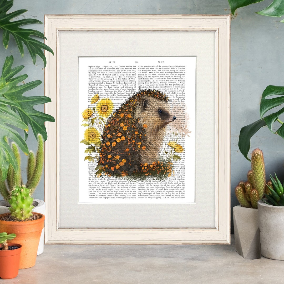 Woodland Hedgehog Illustration Country Cottage Floral Design Printed on ...