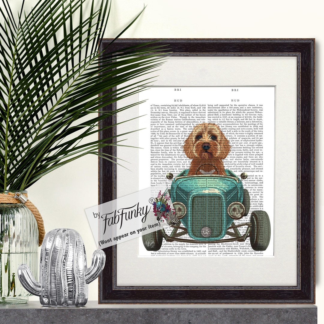 Cockapoo Gold Dog Art Print in Hot Rod Car, Auto Shop Poster, Funny Dog ...