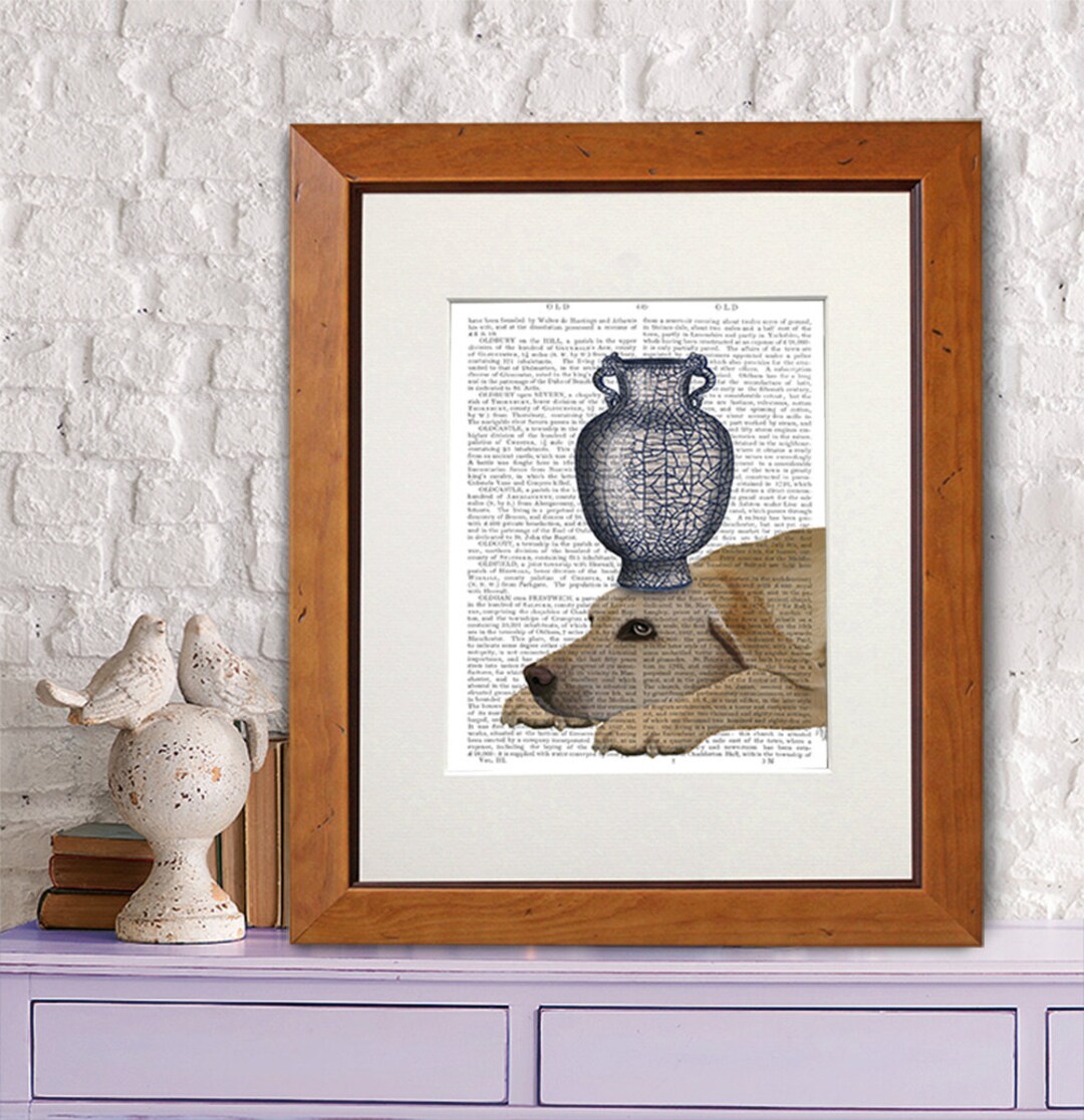 Yellow Labrador Art Print - Blue and White Vase on Head - Gift for ...