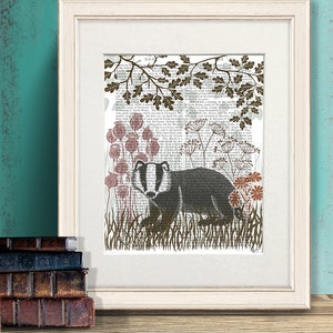 Woodland Badger Art, Dictionary Print, Lino Cut Style, Botanical Wall ...