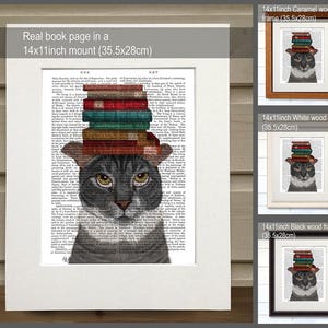 Grey Cat Books on Head - Cat Print Cat Art Gift for Bookworm Gift Book ...