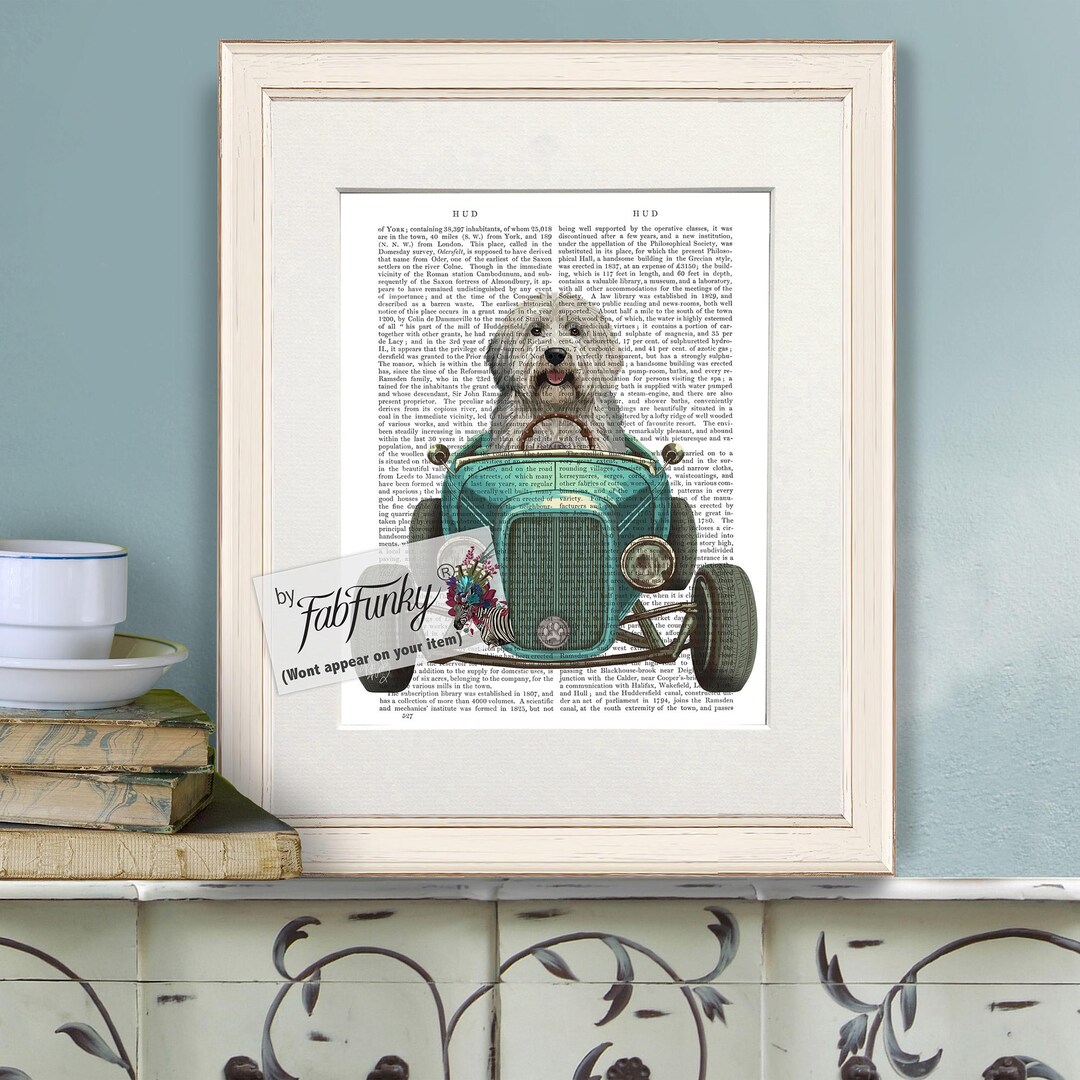 Old English Sheepdog Dog Art Print in Hot Rod Car, Auto Shop Poster ...
