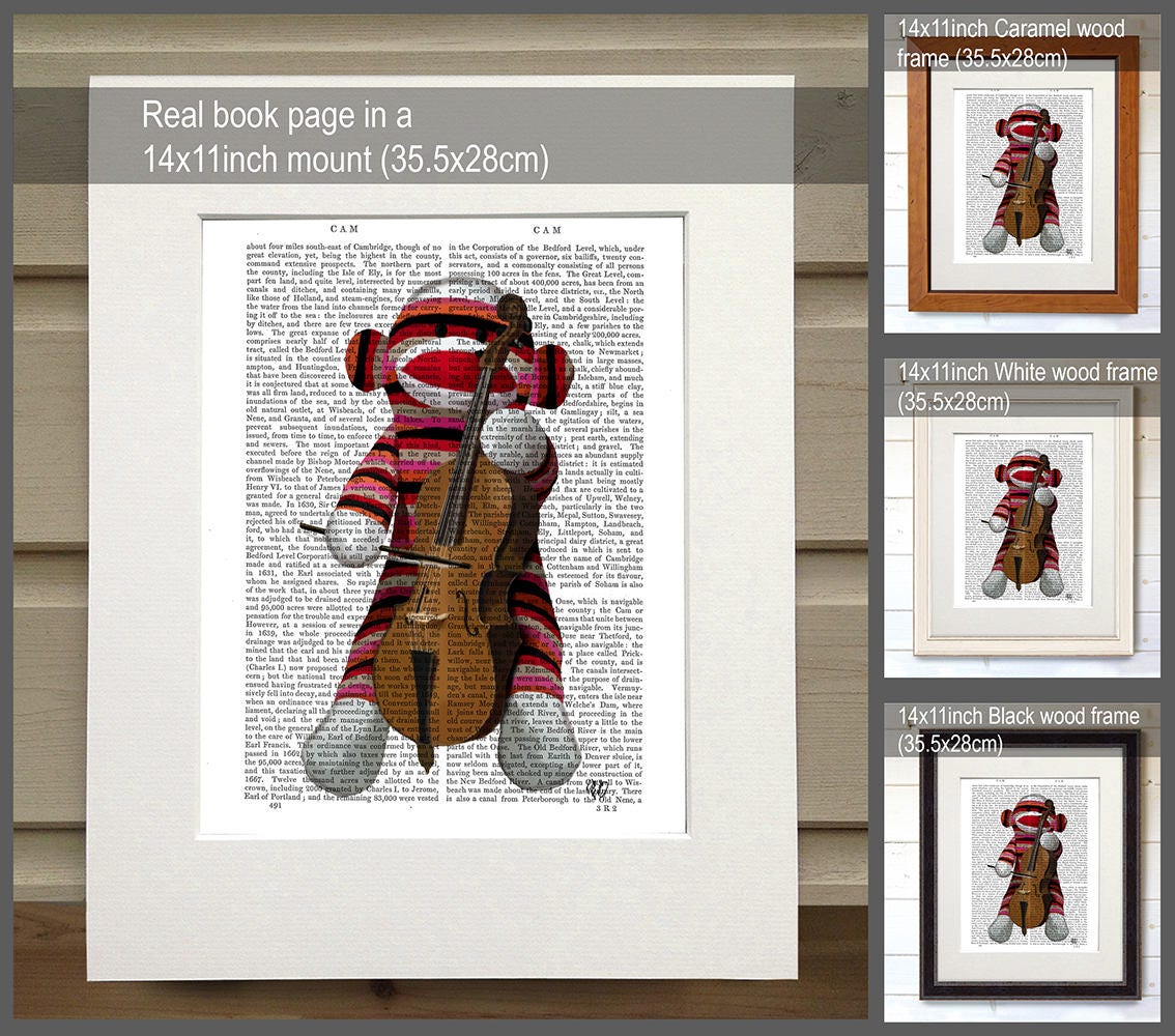 Sock Monkey Cello Art - Sock Monkey Room Décor Sock Monkey Picture Sock ...
