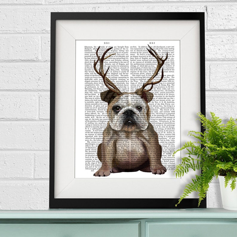 Bulldog Gift English Bulldog With Antlers Funny Home Decor - Etsy