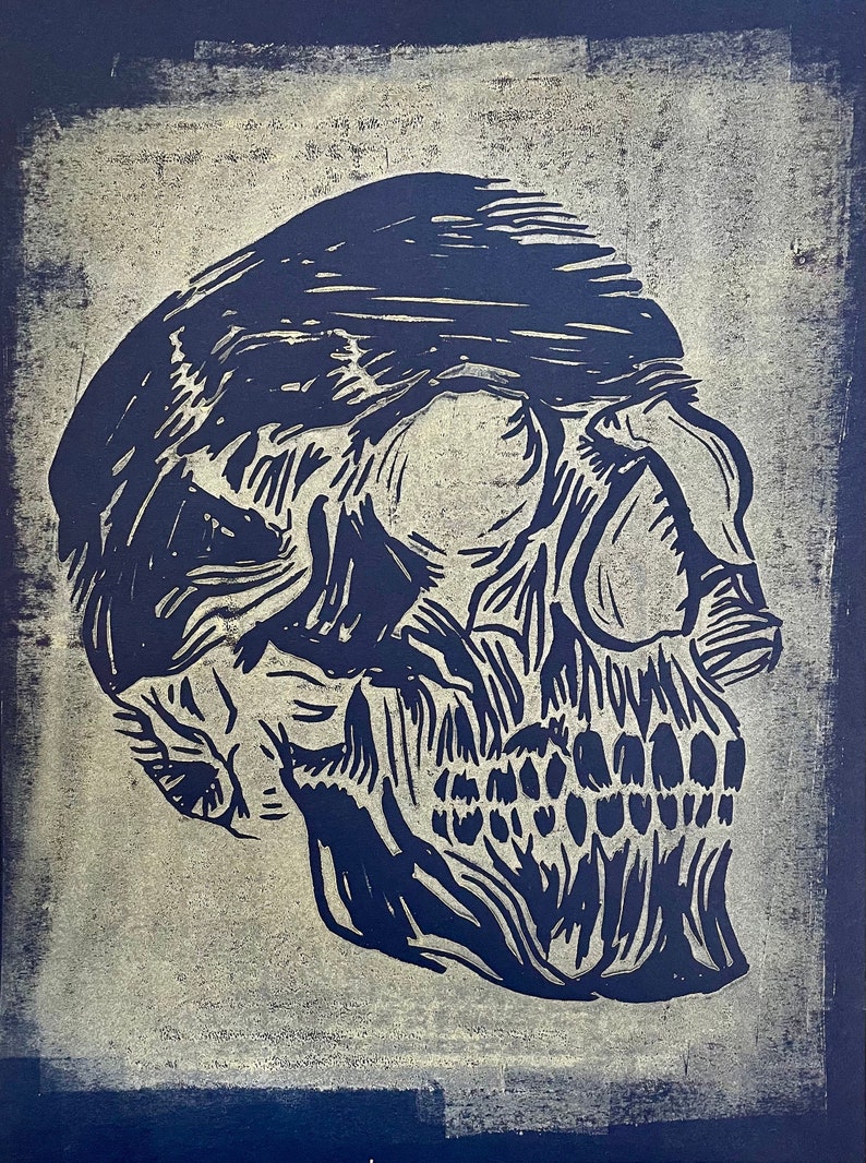 Golden Skull Linocut, Block-print Original Artwork Great for Halloween ...