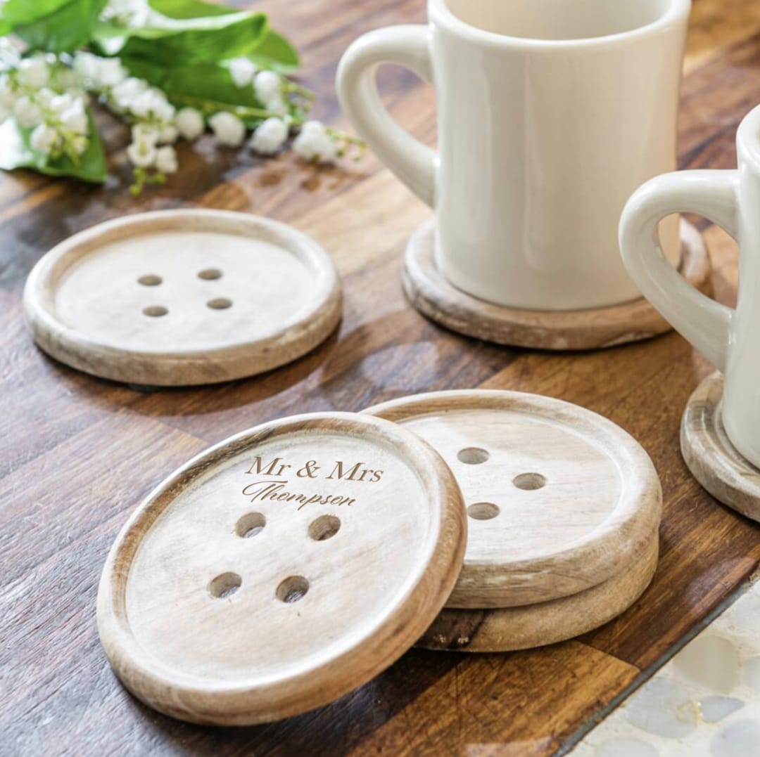 Personalized Wooden Button Coasters - Set of 6 - Whitewashed Wood - Etsy