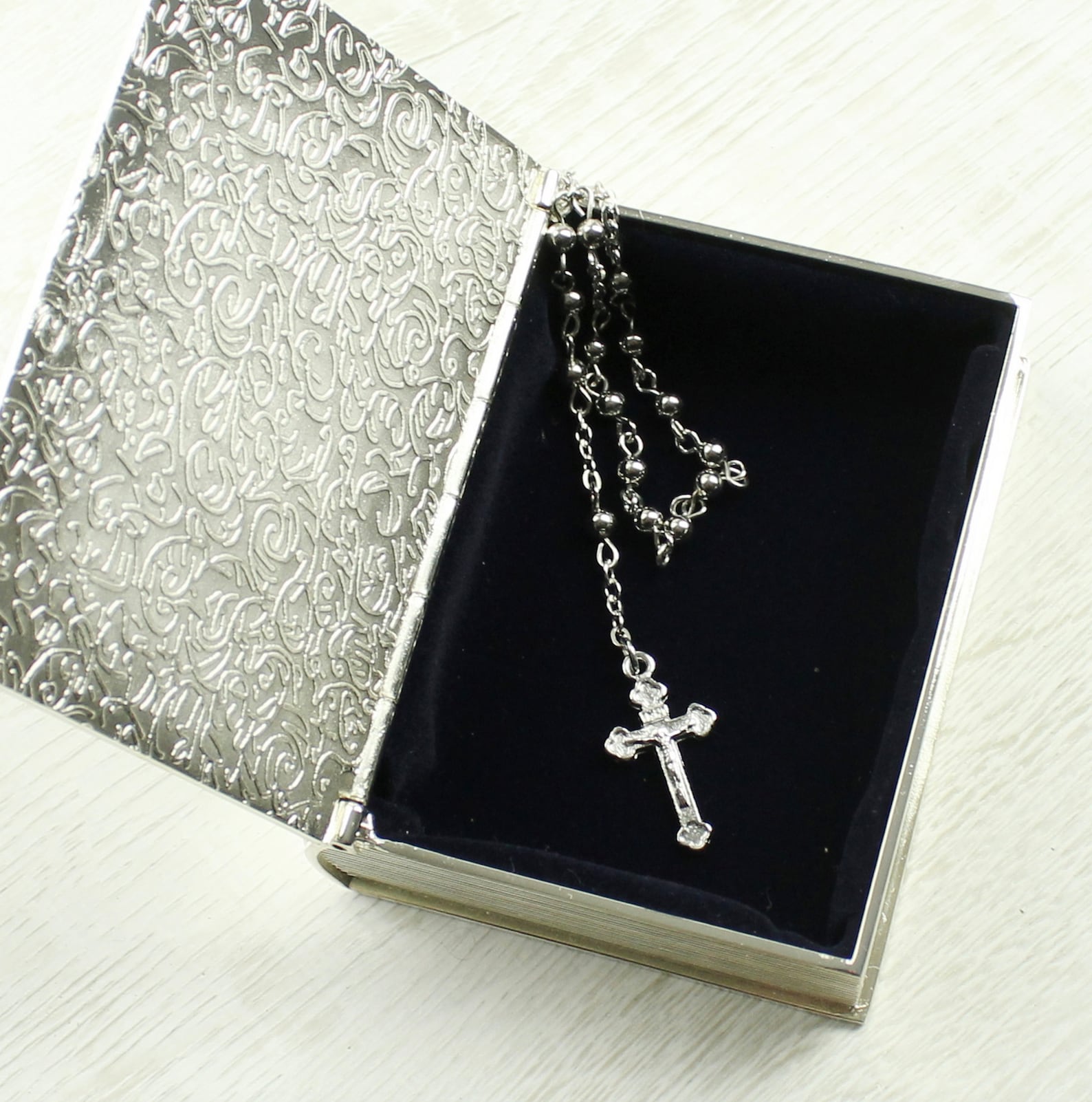 Personalized Silver Bible Keepsake Box With Rosary Beads - Etsy
