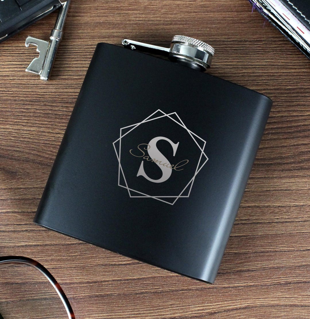 Personalized Black Hip Flask: Geometric Initial, Etched Monogram - Etsy