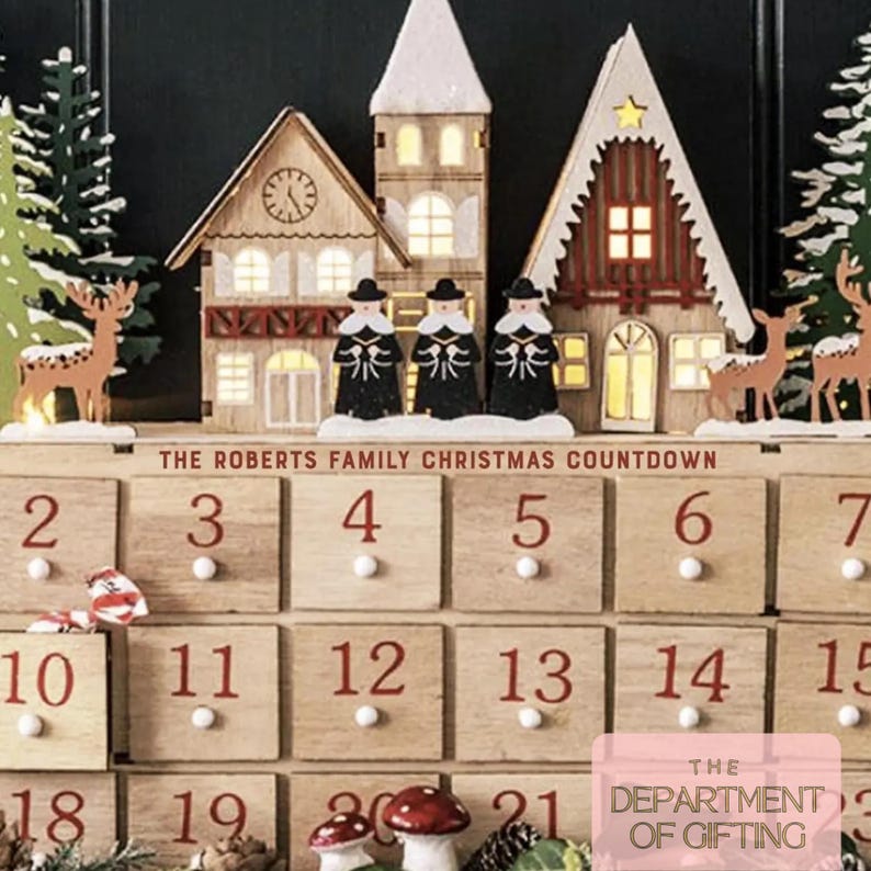 Personalized Red Wooden Light-up Advent Calendar: Festive Winter Scene ...