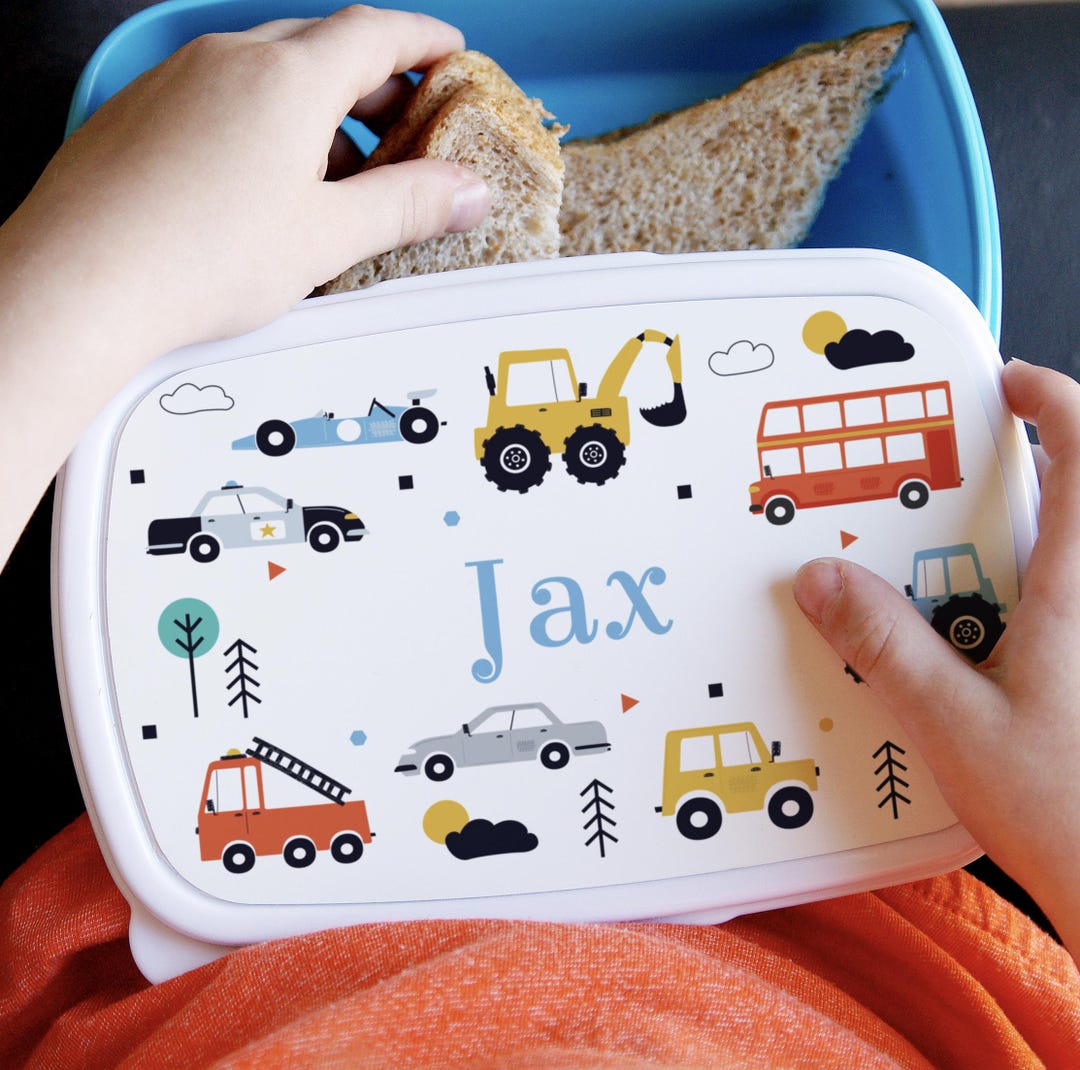 Personalised Vehicles Blue Lunch Box - First Birthday- Back to School ...