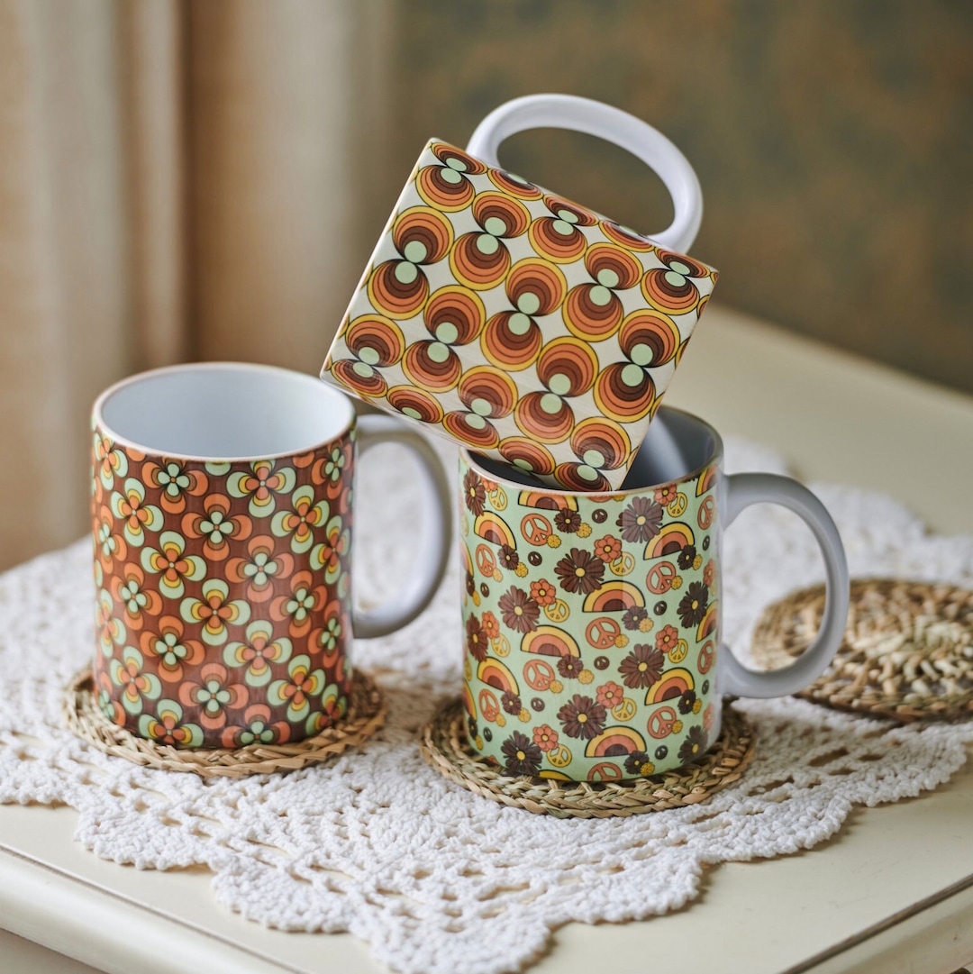 Hand Printed Retro Mug: 70s Vibe Ceramic Coffee Cup - Etsy UK
