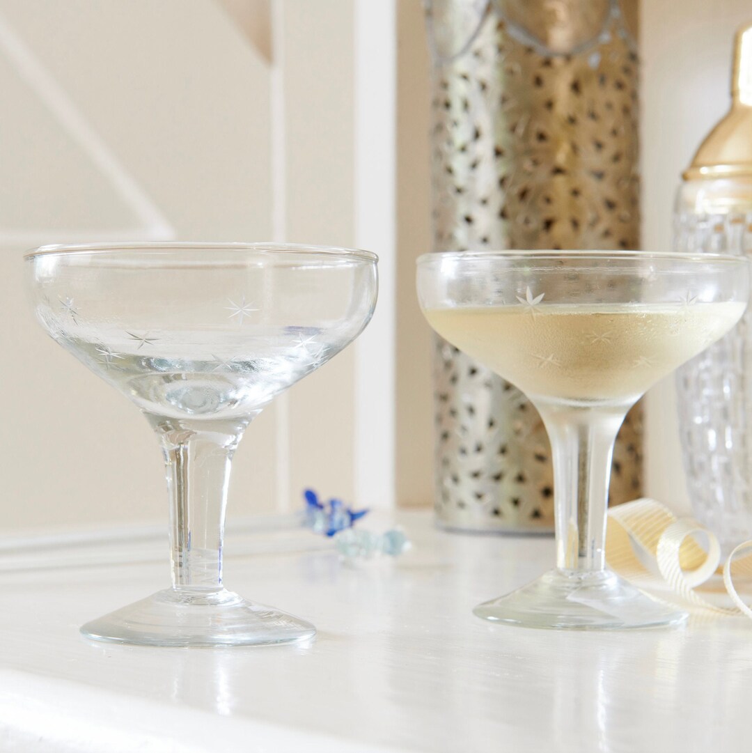 Hand Etched Star Champagne Coupes - Recycled Glass Celebration Glasses ...