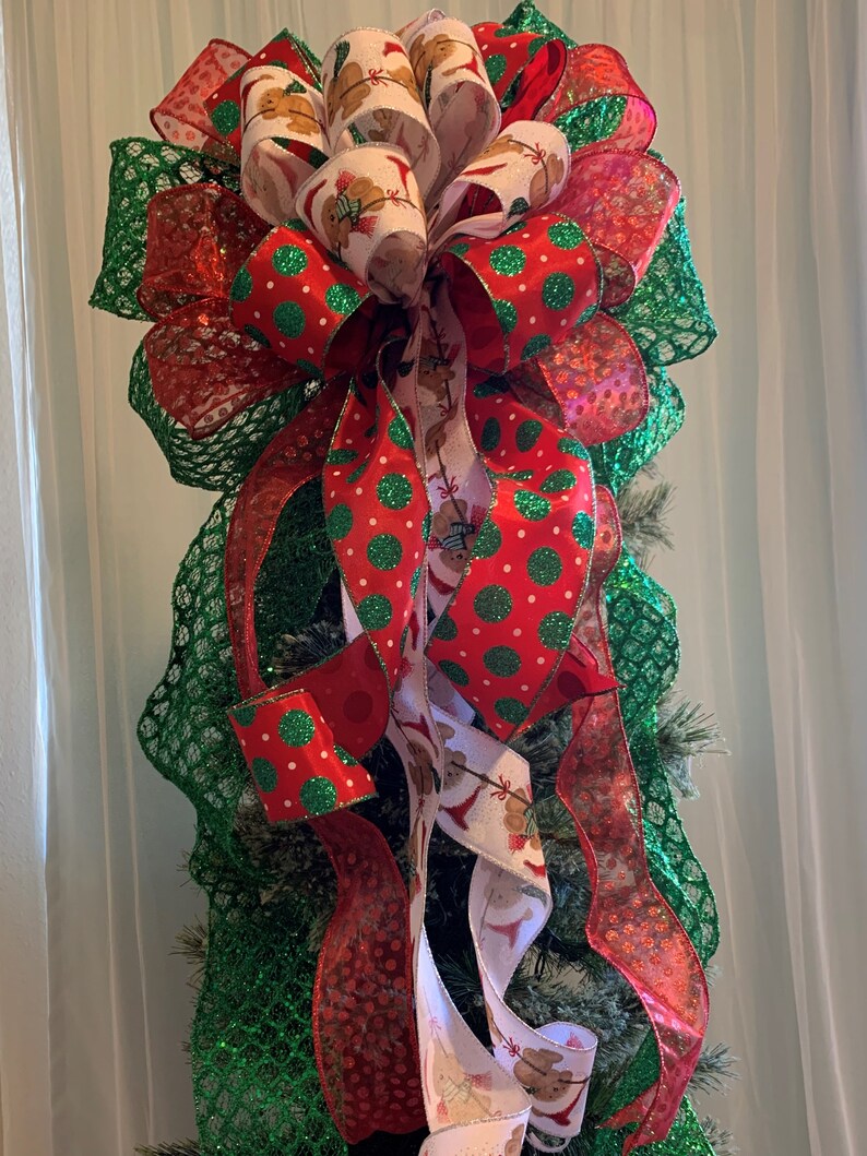 Extra Large Teddy Bear Tree Topper Bow Red and Green - Etsy