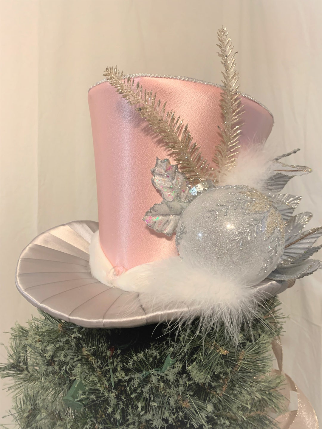 Silver and Pink Tree Topper Top Hat, Top Hat Tree Topper, Christmas ...
