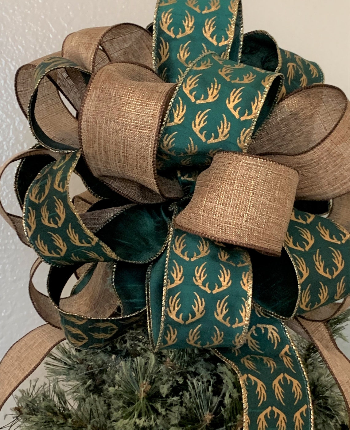 Antler Tree Topper Bow Green and Gold Christmas Tree Topper | Etsy