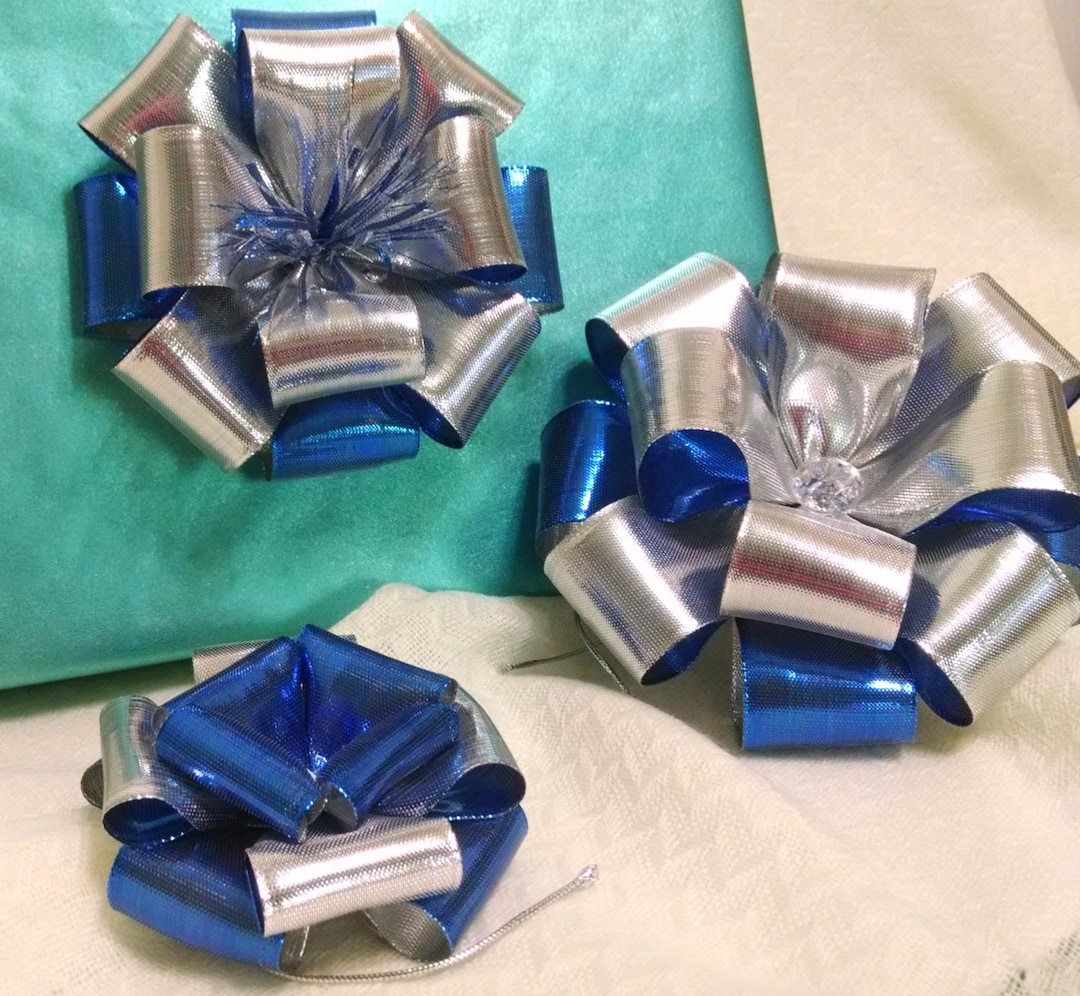Set of 4 Metallic Blue and Silver Christmas Bow - Gift Topper Bows ...