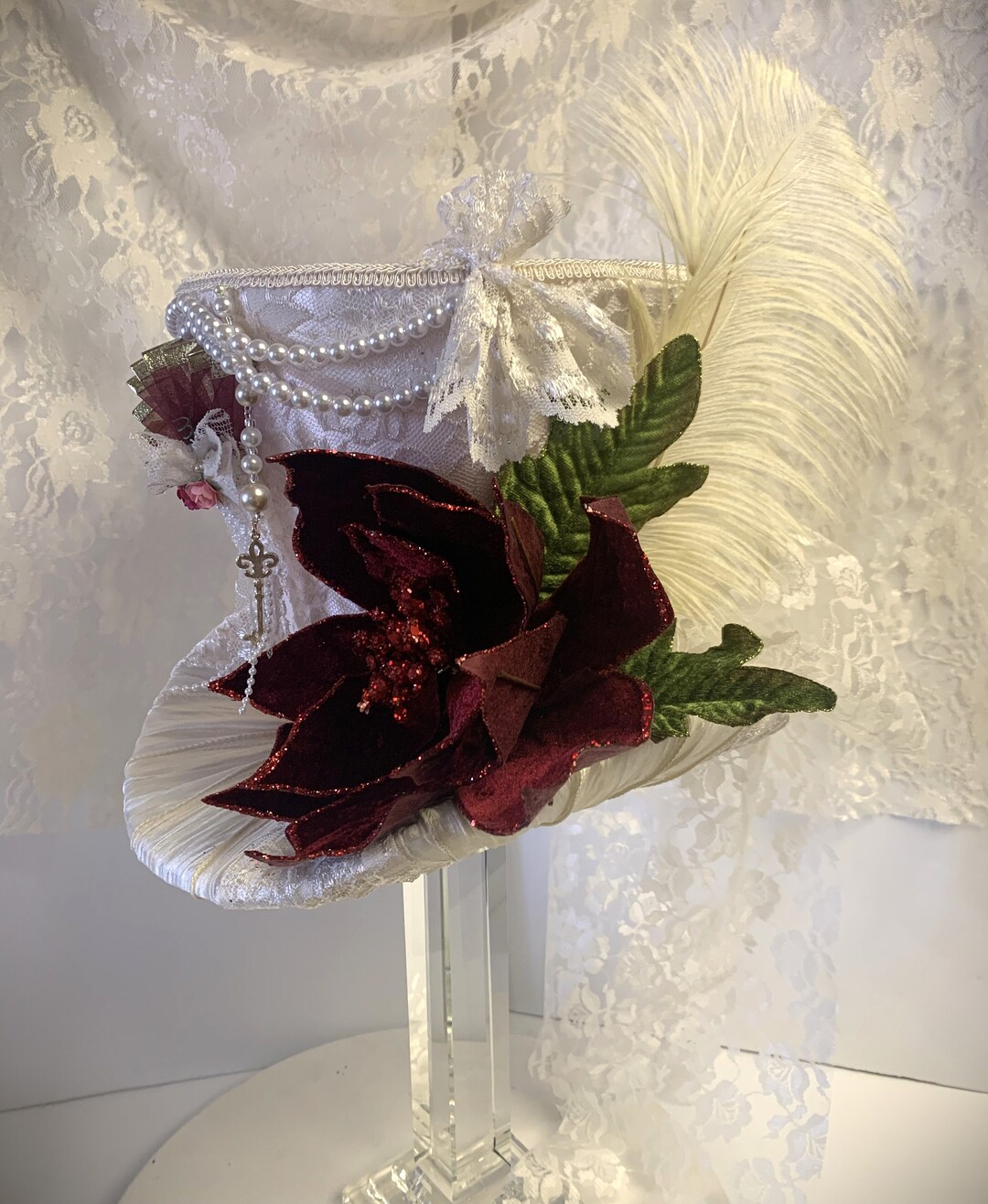 Ivory and Burgundy Victorian Tree Topper Top Hat, Christmas Tree Topper ...