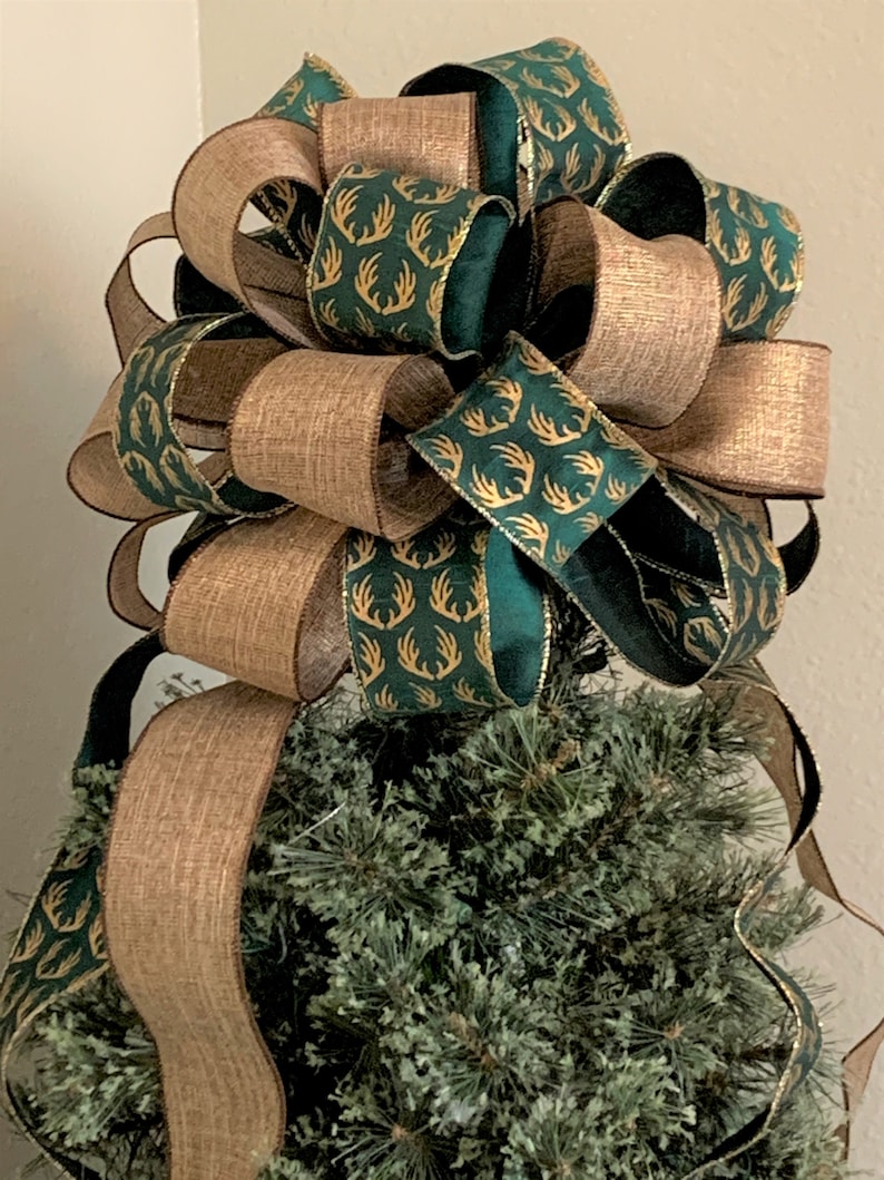 Antler Tree Topper Bow Green and Gold Christmas Tree Topper - Etsy